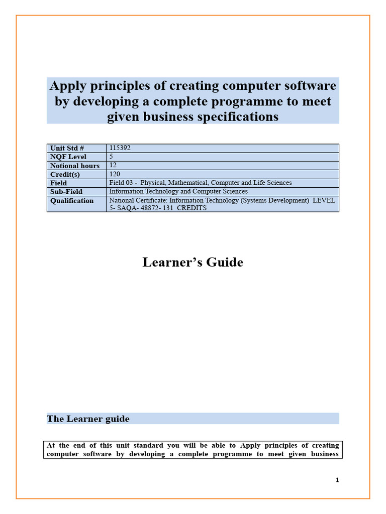 Saqa 115392 Learner Guide Pdf Software Testing Software Release Life Cycle