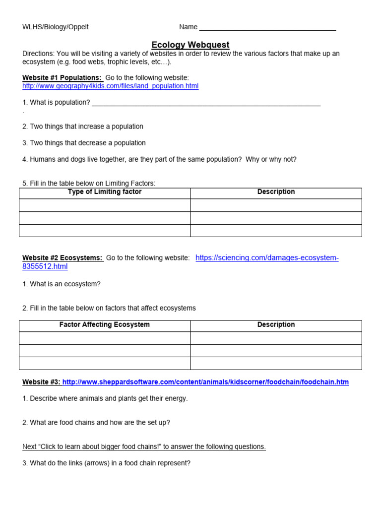 HANDOUT - Ecology Webquest | PDF | Food Web | Carbon Cycle