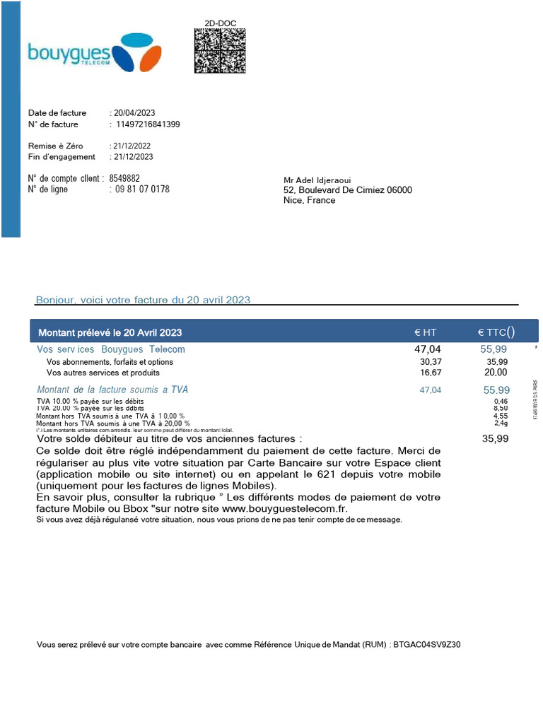Facture Bouygues Telecom - Avril 2023 | PDF | Taxe sur la valeur ...