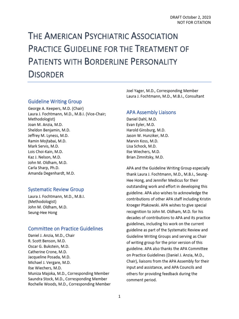 Guideline - APA Borderline Personality Disorder Practice Guideline ...