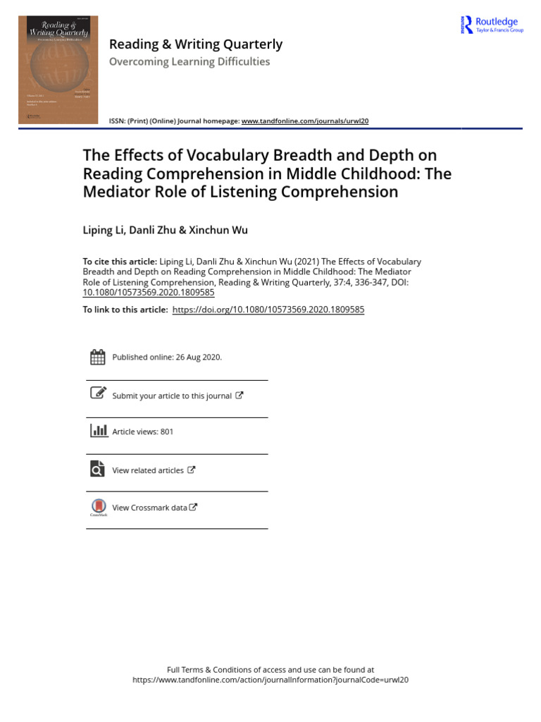 The Effects of Vocabulary Breadth and Depth on Reading Comprehension in Middle Childhood the ...