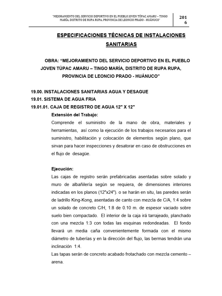 Especificaciones Tecnicas de Sanitarias Ok | PDF | Hormigón | Tubería (transporte de fluidos)