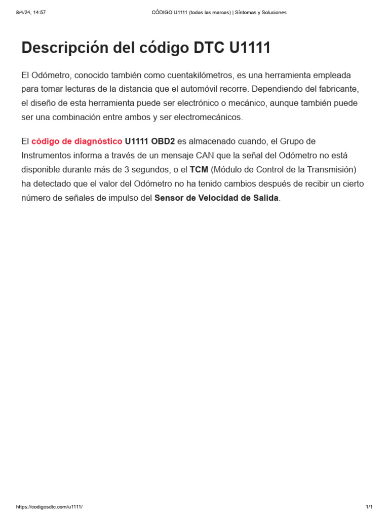 CÓDIGO U1111 (Todas Las Marcas) _ Síntomas y Soluciones | PDF
