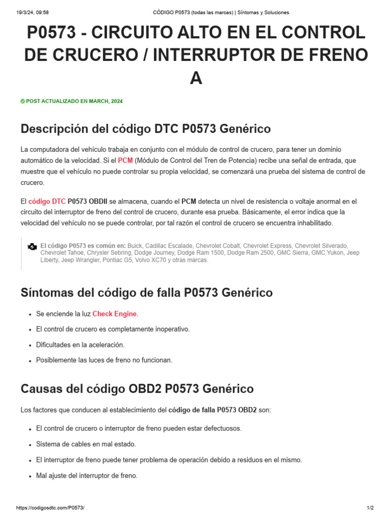 CÓDIGO P0573 (Todas Las Marcas) - Síntomas y Soluciones | PDF ...