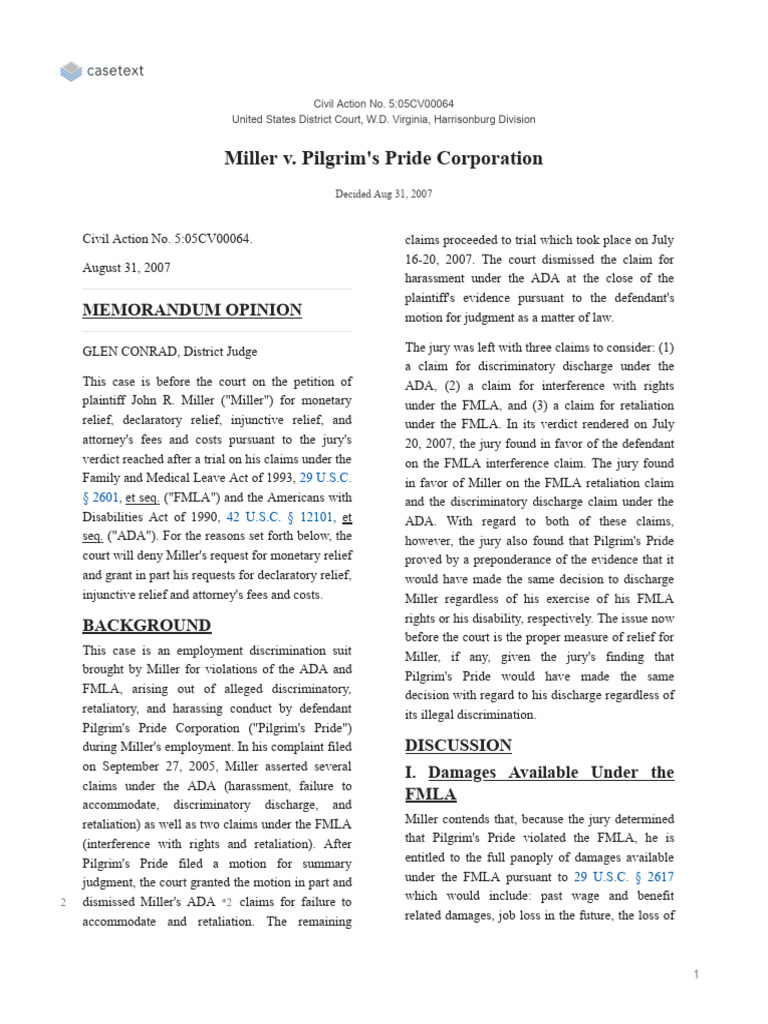 Miller v. Pilgrim's Pride Corporation | PDF | Lawsuit | Legal Remedy