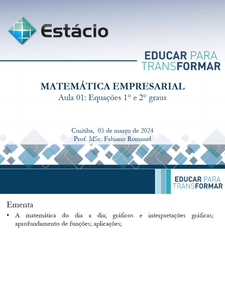 Aula 01 - Equa Es Do 1 e 2 Graus | PDF | Matemática | Função (Matemática)