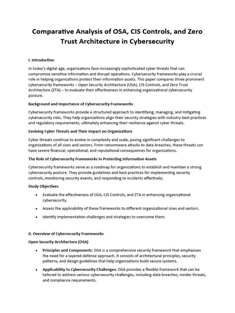 Draft - Comparative Analysis of OSA, CIS Controls, and Zero Trust Architecture in Cybersecurity ...