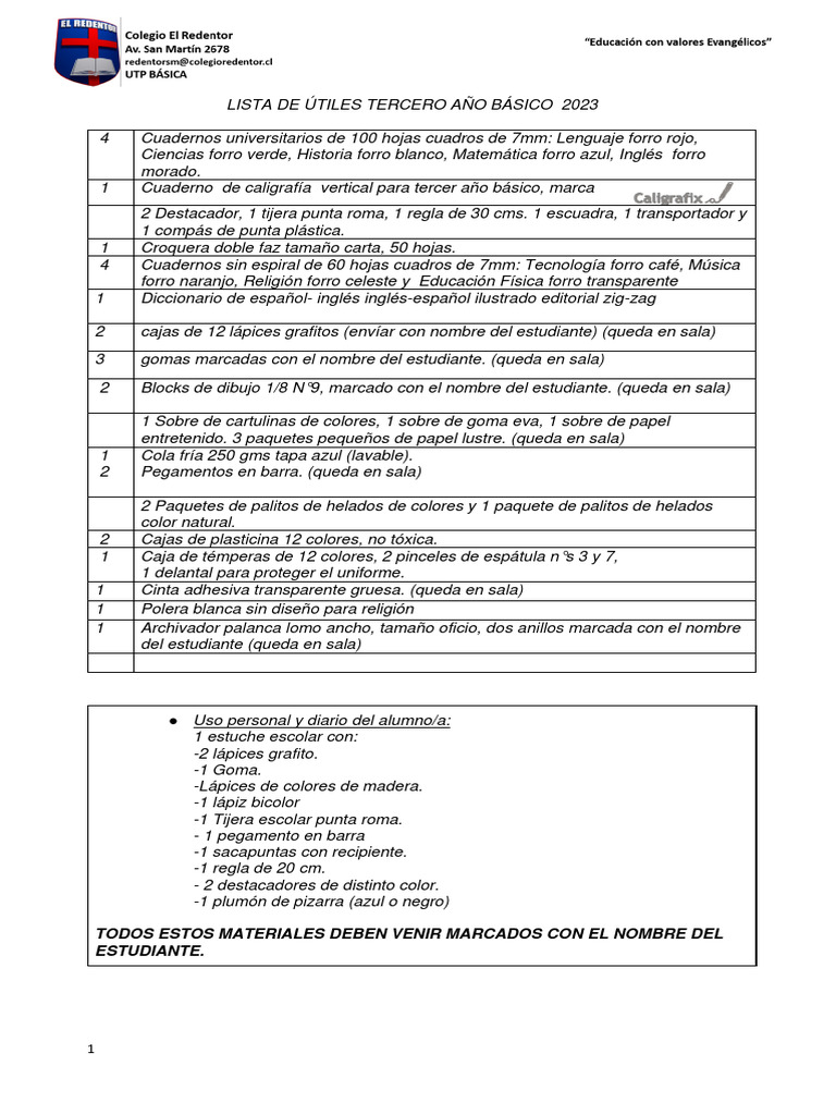 Lista Utiles 3ro A B 2023 | PDF | Lápiz