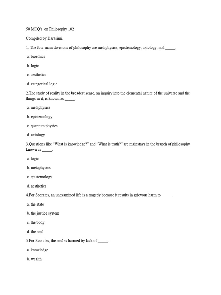 Phil 102 Multichoice Questions For Stream B Students | PDF | Plato ...