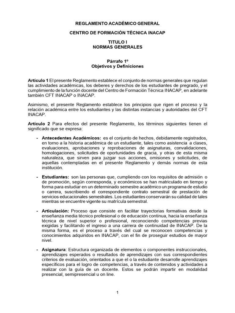 Reglamento Academico General CFT INACAP | PDF | Plan de estudios | Educación más alta