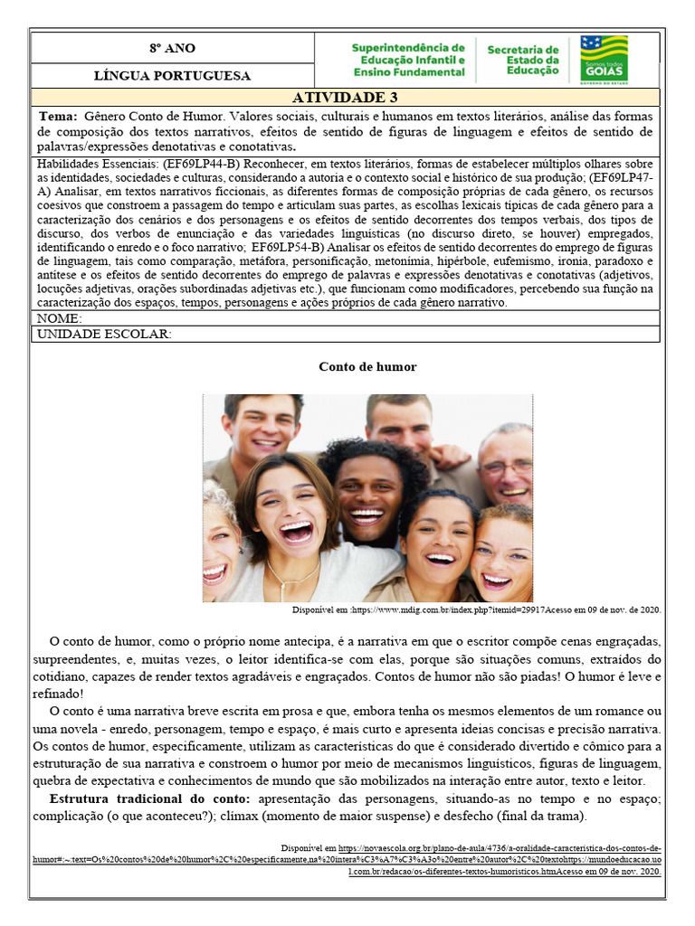 8o Lp Atividade 4 Genero Contos De Humor Valores Sociais Culturais E