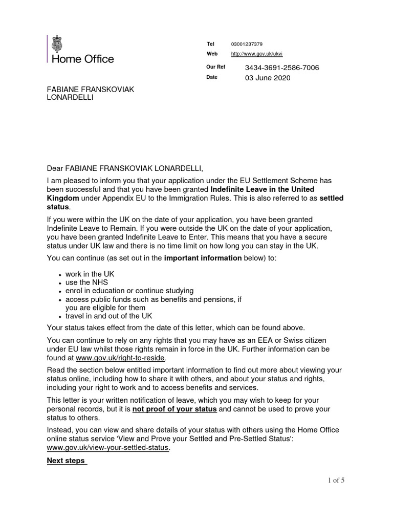 EU Settlement Scheme Approval Letter | PDF | European Economic Area ...