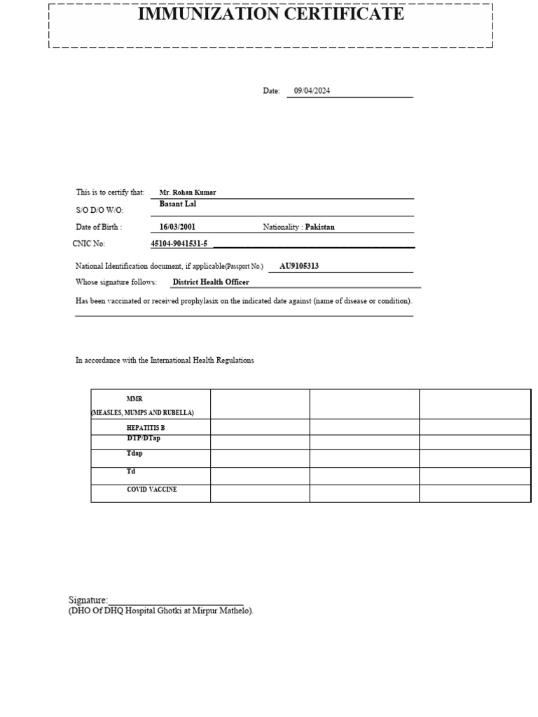 Immunization Certificate for Rohan Kumar | PDF