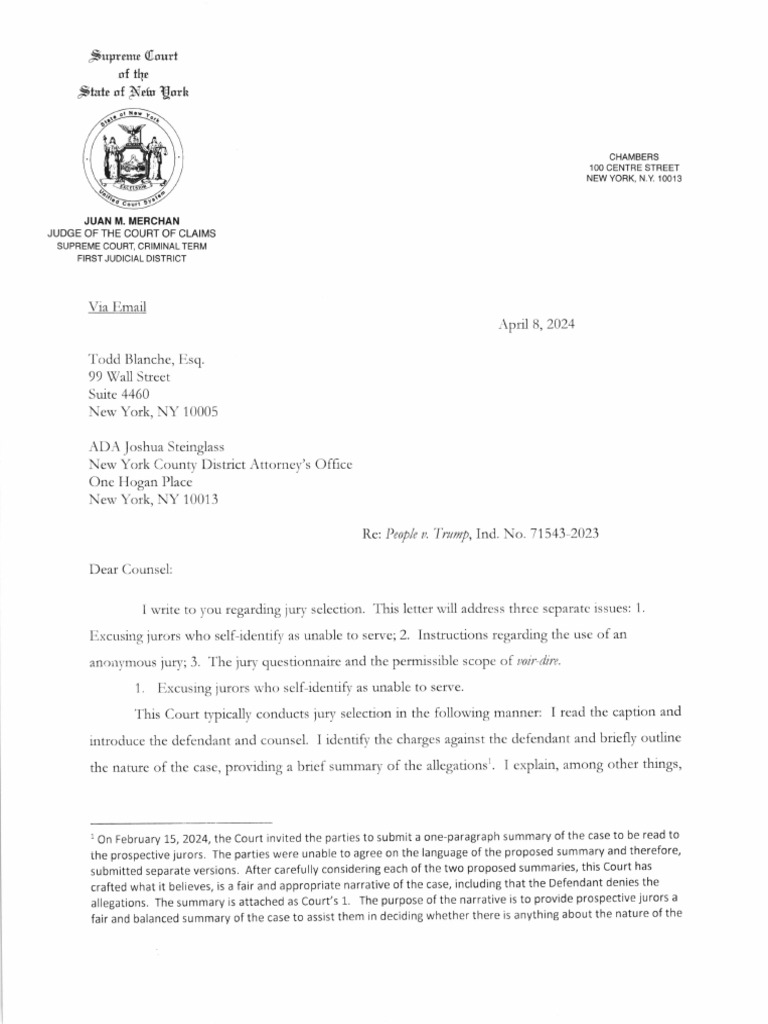 Letter Re Jury Selection 4-8-24 | PDF | Jury Selection | Governance