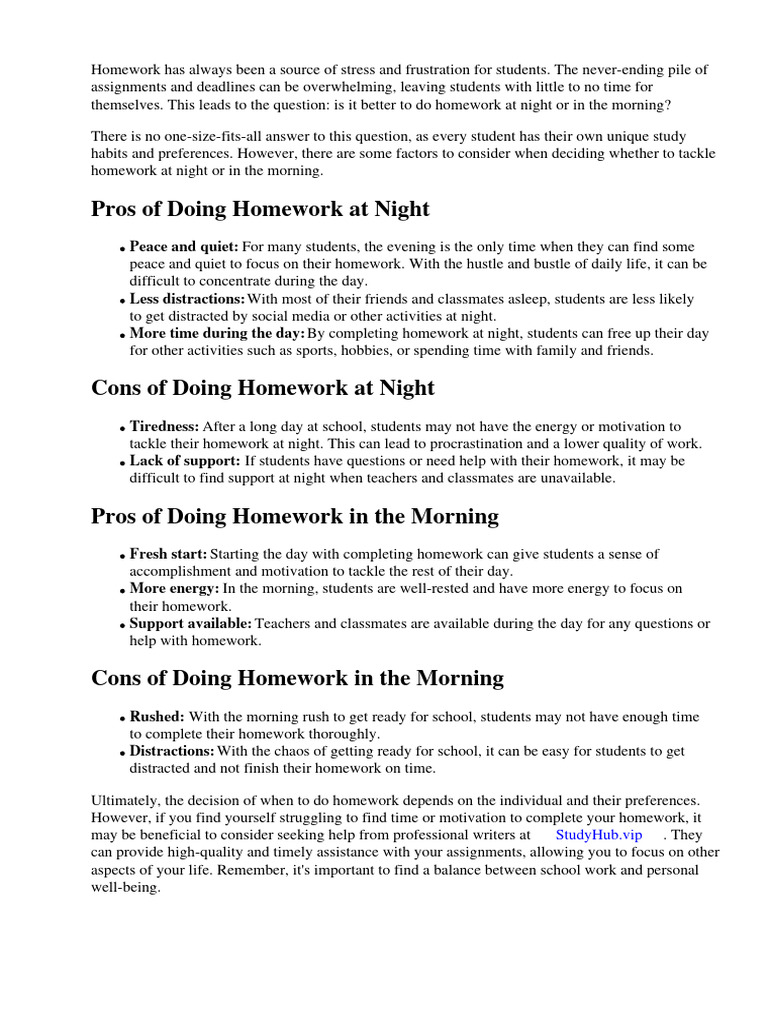 Night vs. Morning Homework: Pros & Cons | PDF | Homework | Standardized ...