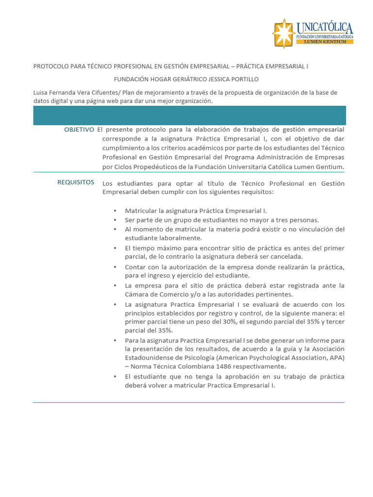 Protocolo Práctica Empresarial I | PDF | Contabilidad | Dietético