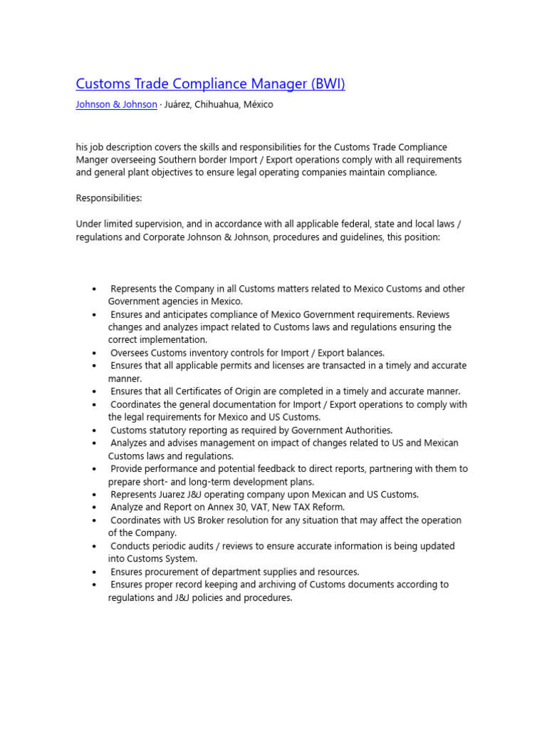 Customs Compliance Manager Job | PDF | Regulatory Compliance | Customs