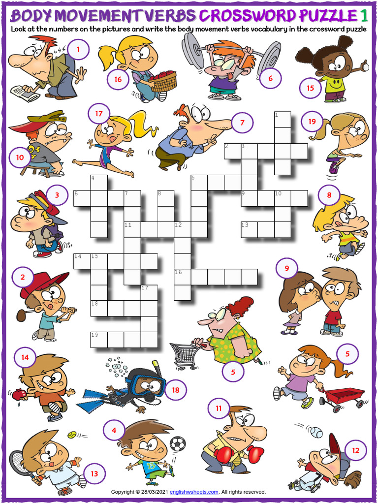 Body Movement Verbs Vocabulary Esl Crossword Puzzle Worksheets For Kids ...
