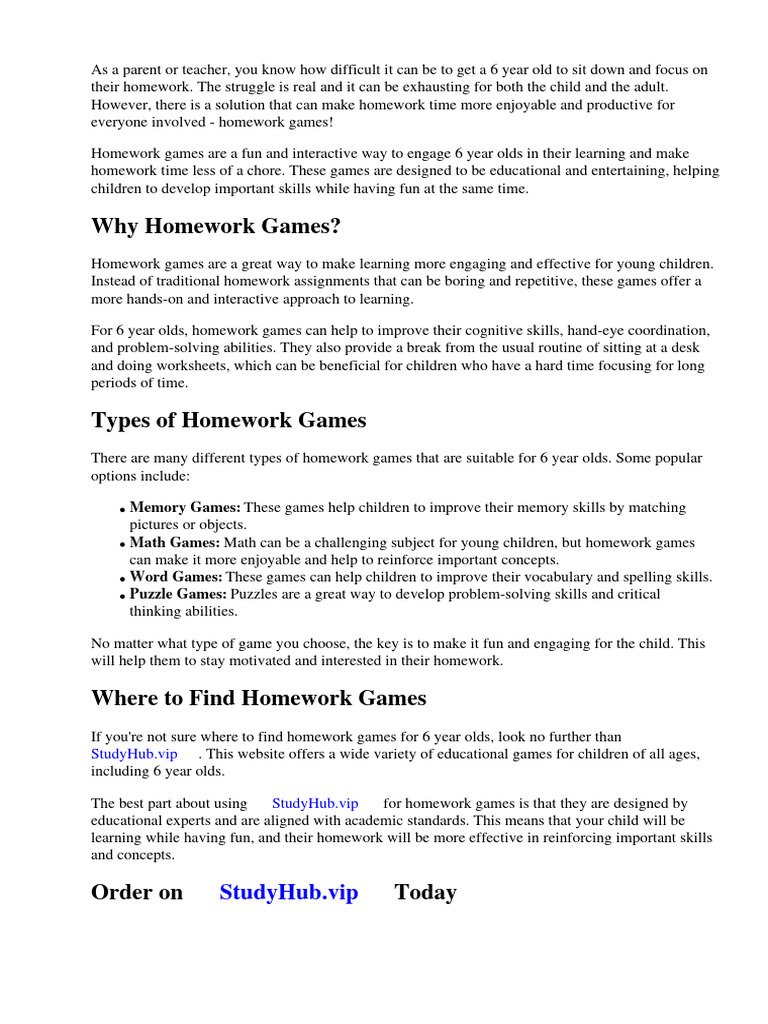 Homework Games For 6 Year Olds | PDF | Homework | Mathematics