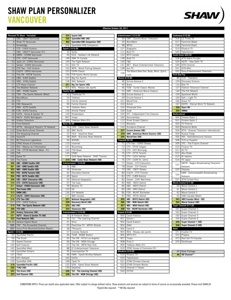 Shaw Channel Lineup | PDF | News Broadcasting | Television Network