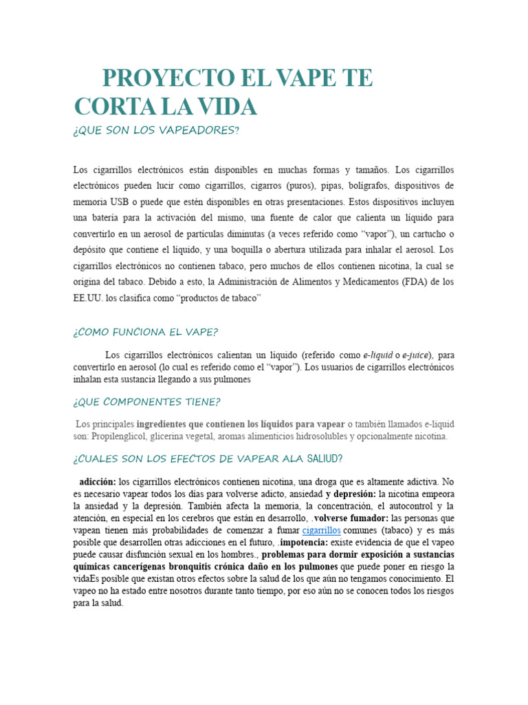 Proyecto El Vape Te Corta La Vida | PDF | Cigarrillo electrónico | Cigarrillo