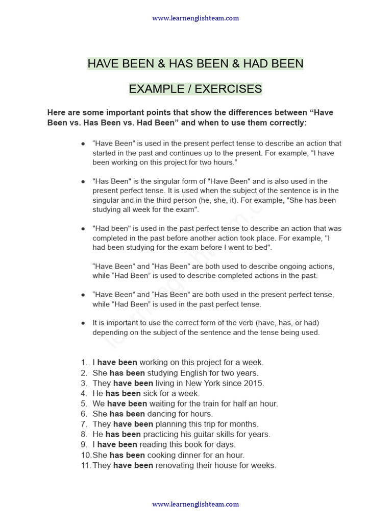 Have Been & Has Been & Had Been Example / Exercises | Download Free PDF ...