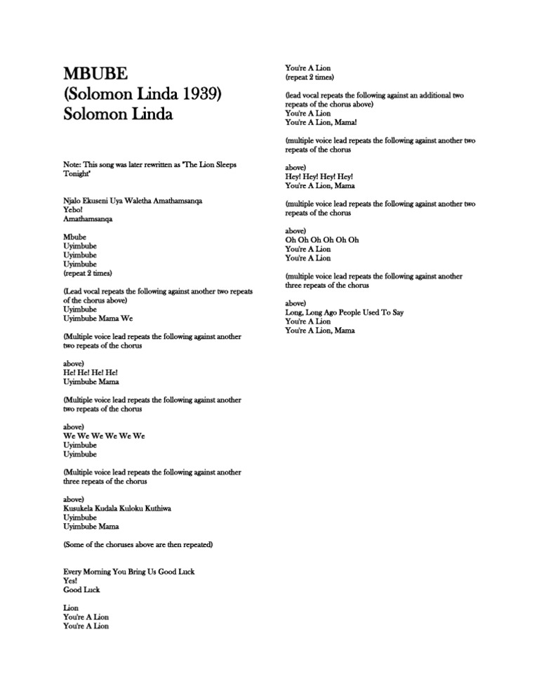 Solomon Linda's "Mbube" Lyrics | PDF