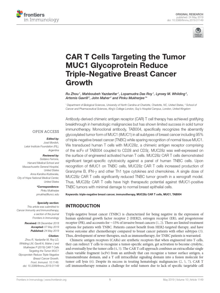 CAR T Cells Targeting The Tumor MUC1 Reduce TNBC Growth | PDF | T Cell ...