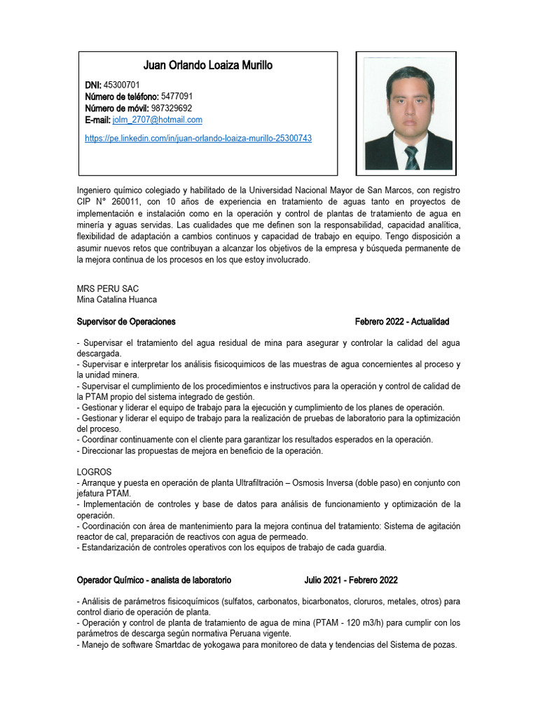 Juan Loaiza - Currículum Vitae | PDF | Agua | Aguas residuales