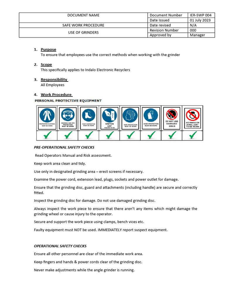 SWP - Use of Grinders | PDF | Grinding (Abrasive Cutting) | Mill (Grinding)