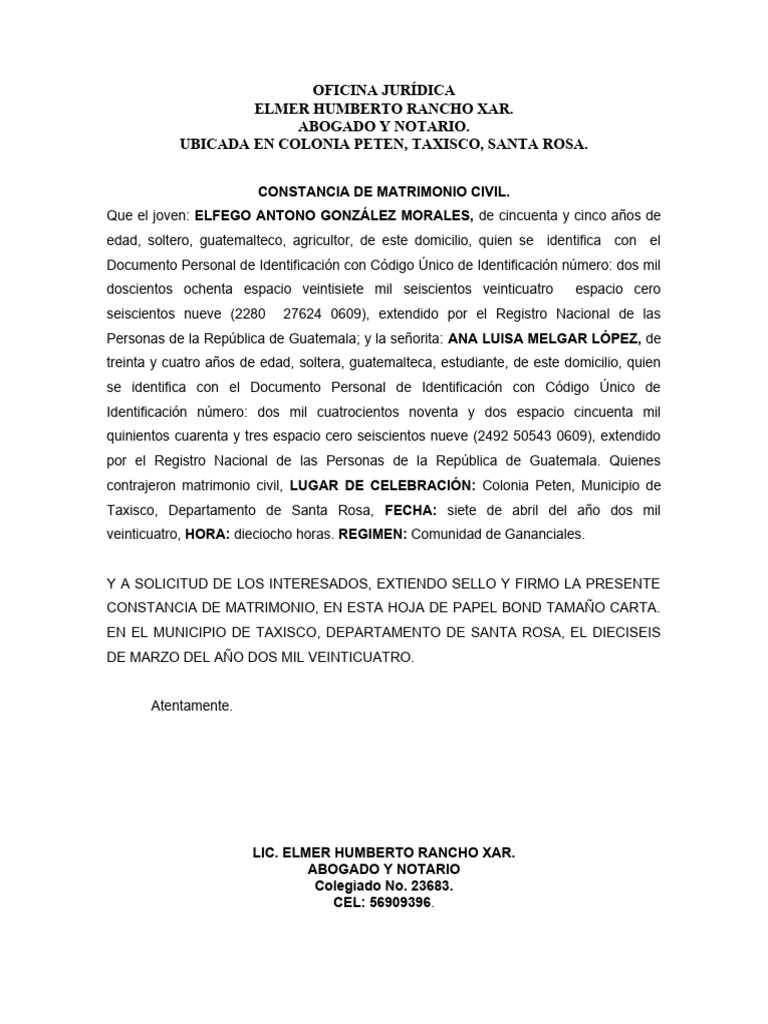 CONSTANCIA DE MATRIMONIO. LUISA y ELFEGO | PDF