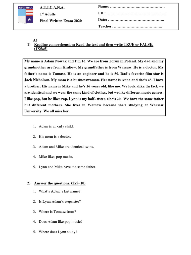 1st Adults - July Exam. 1 Examn de Julio | PDF | Foods | Cuisine