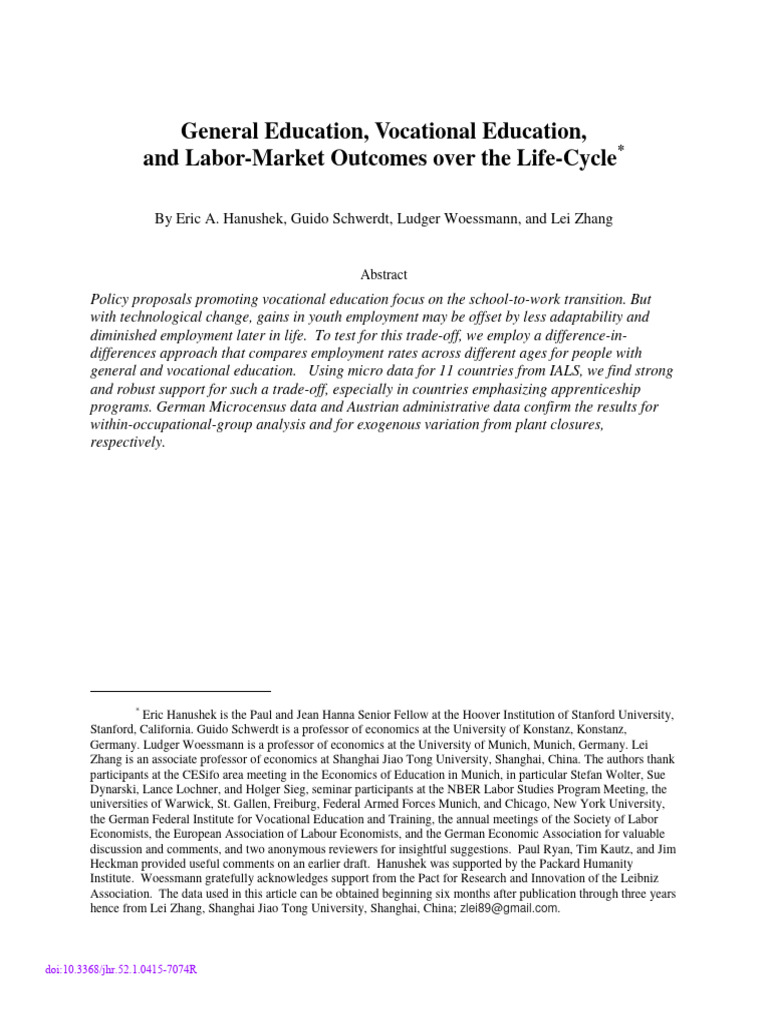 General Education, Vocational Education, and Labor-Market Outcomes Over The Life-Cycle | PDF ...