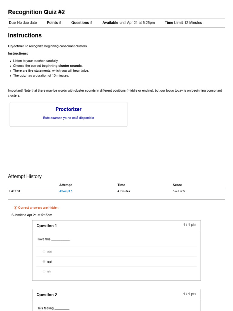 Recognition Quiz #2: Consonant Clusters | PDF | Career & Growth ...