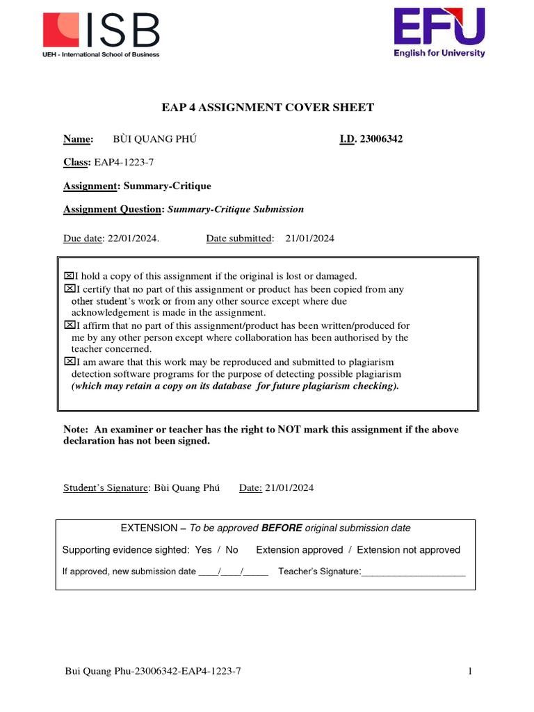 EAP4-1223 - Summary-Critique - BUI QUANG PHU-23006342 | PDF | Nuclear Power | Nuclear And ...