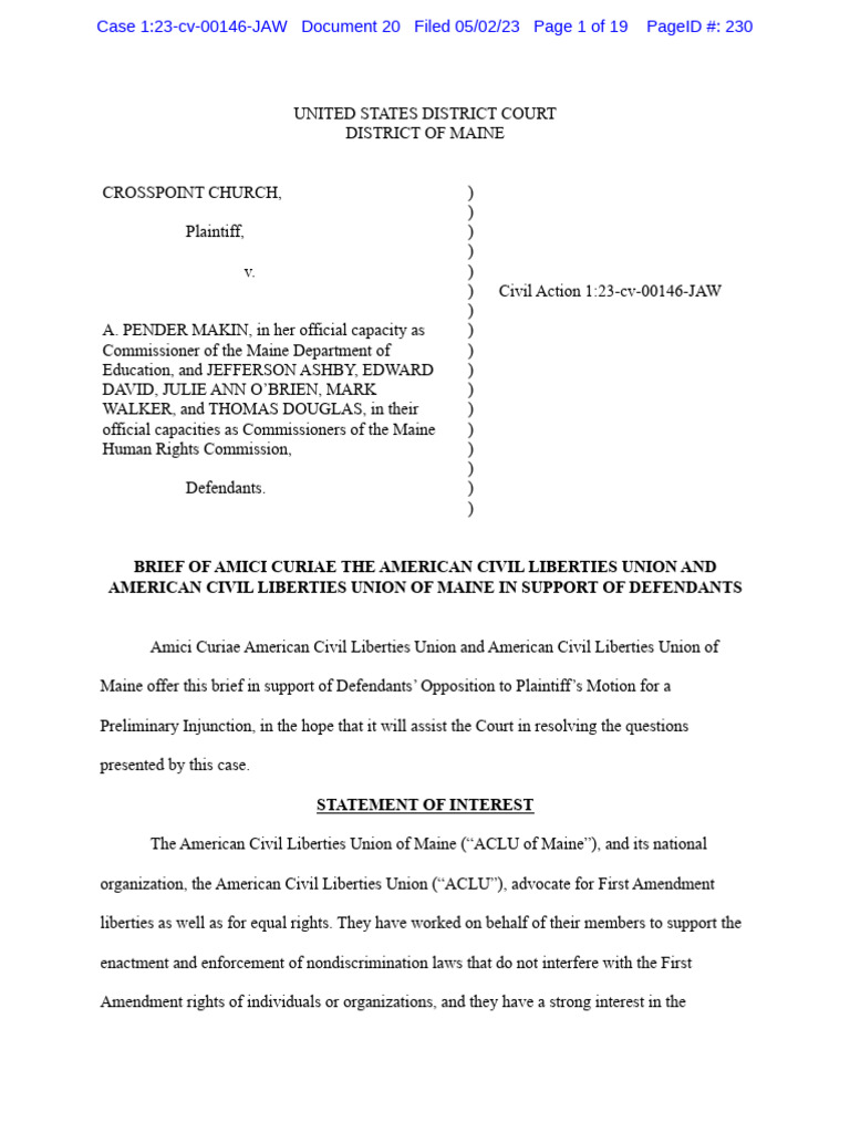 Crosspoint Church v. Makin ACLU Amicus Brief | PDF | First Amendment To ...