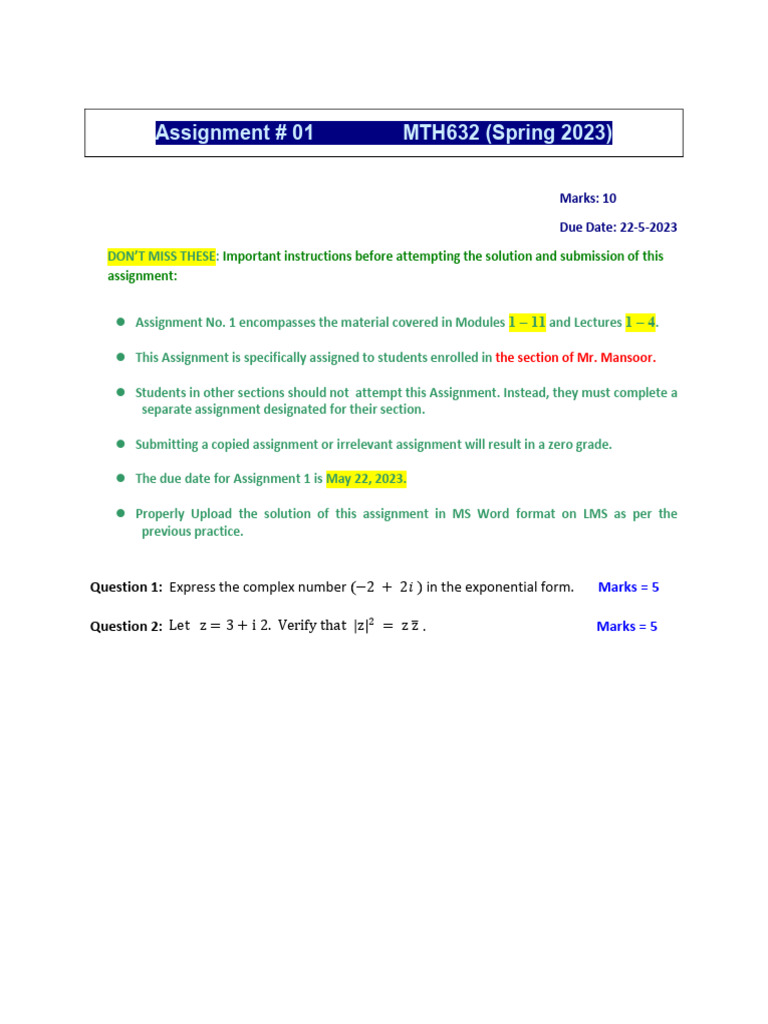 Assignment 1 (Complex Analysis) Mr. Mansoor | PDF