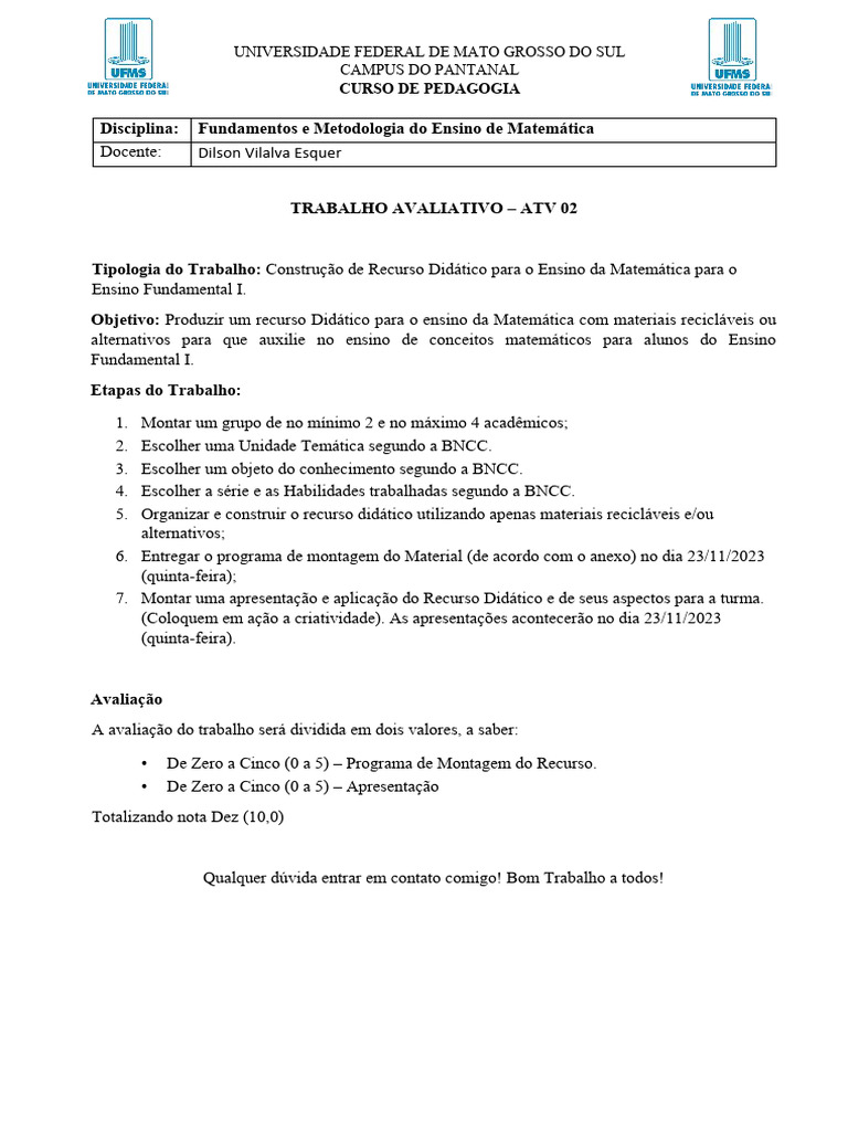 Trabalho Avaliativo Mat-1 | PDF | Caneta | Pedagogia