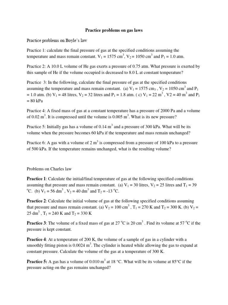 Gas Laws Practice Problems | PDF | Gases | Pressure