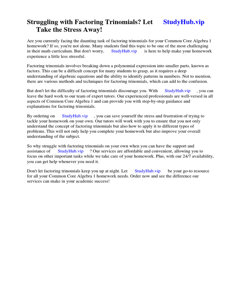 Factoring Trinomials Common Core Algebra 1 Homework | PDF ...