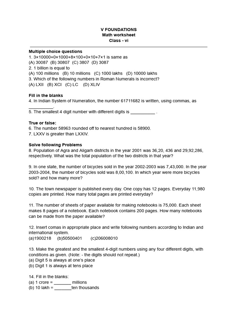 Worksheet - VI - CH 1 | PDF