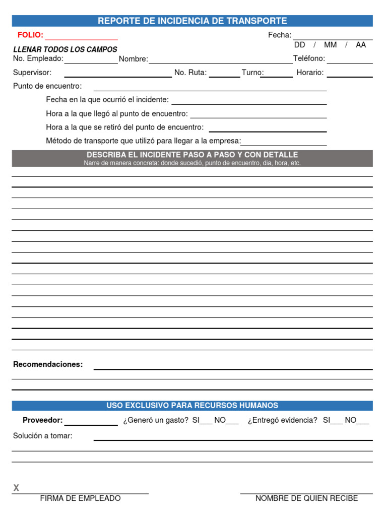 Formato Reporte de Incidencia Transporte | PDF
