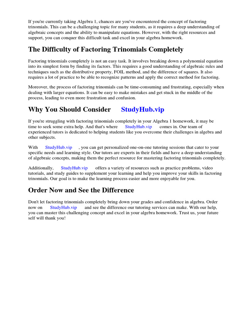 Factoring Trinomials Completely Algebra 1 Homework | PDF ...