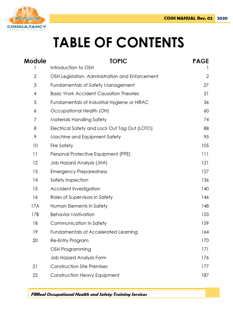 1.table of Contents-COSH Manualrev2 | Download Free PDF | Occupational Safety And Health | Labor ...