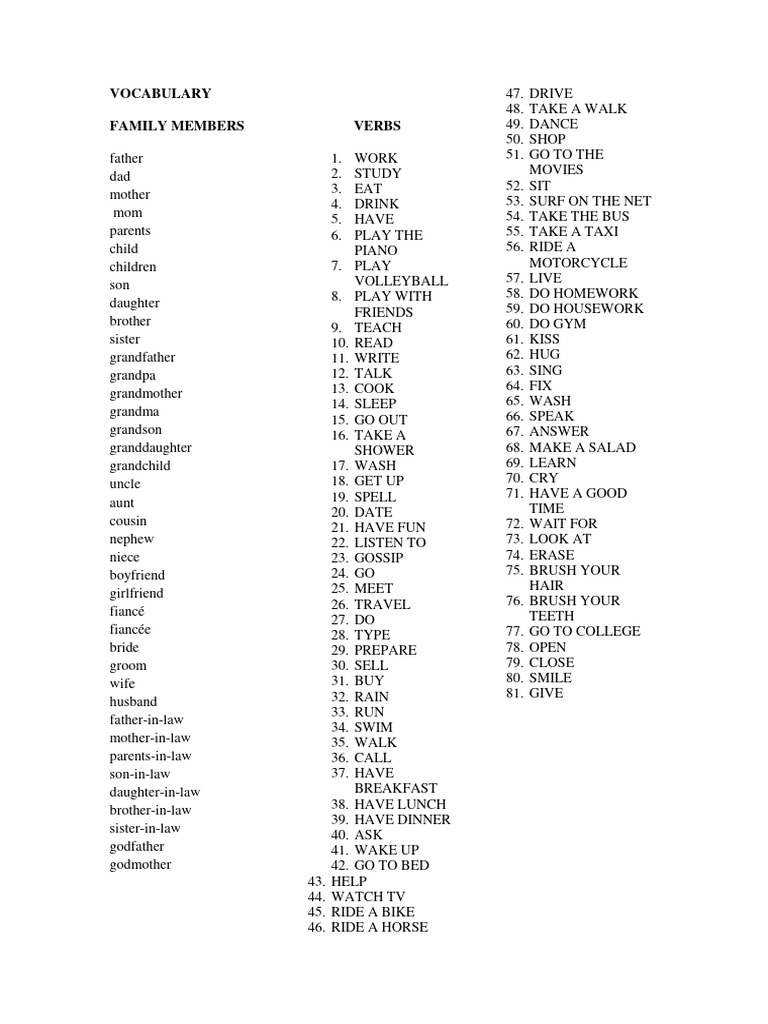 Family Vocabulary and Action Verbs | PDF