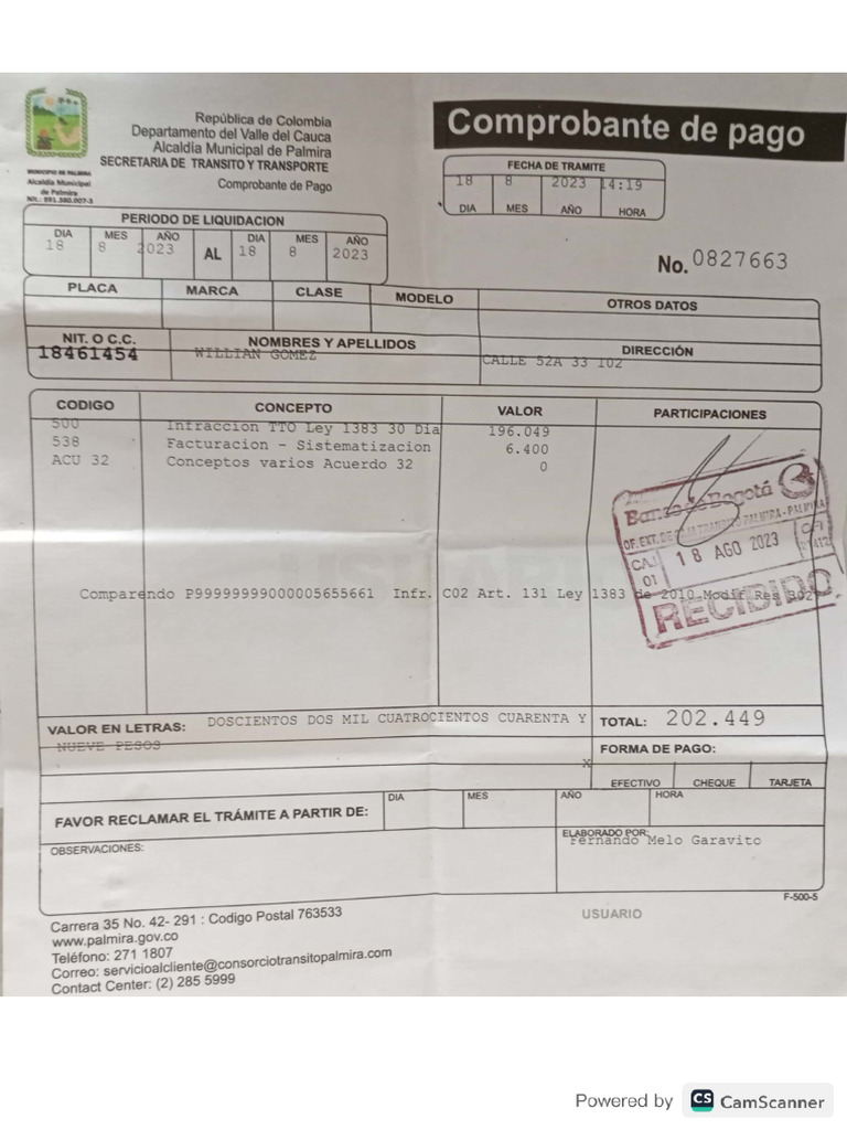 Comprobante Pago Multa Palmira | PDF