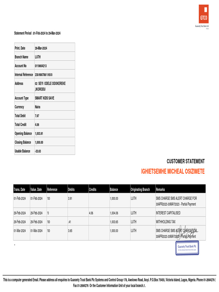 GTBank Account Statement Summary | PDF | Money | Financial Services