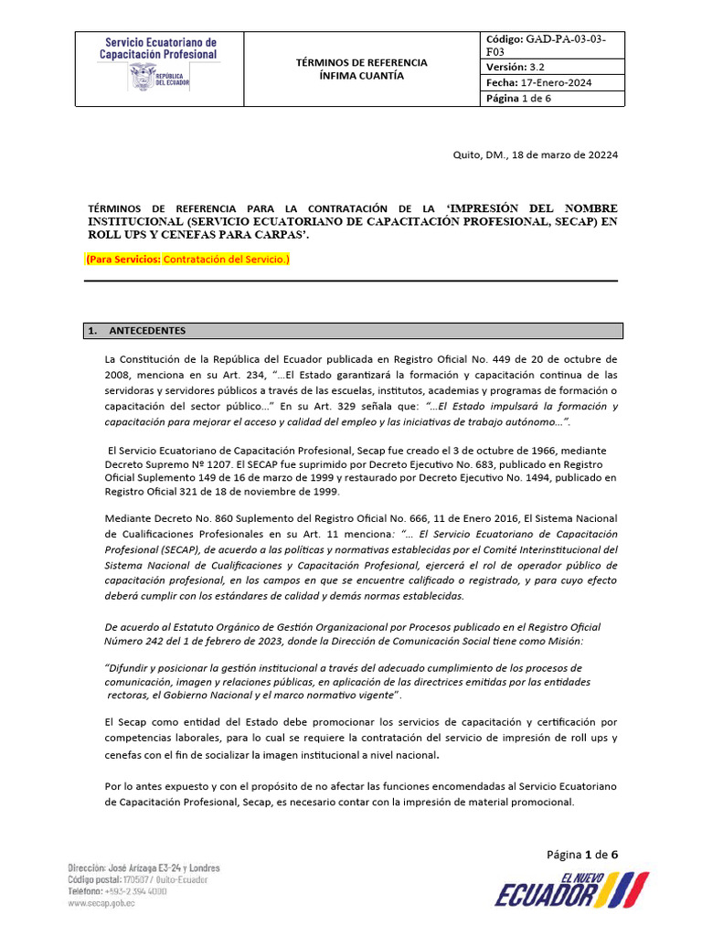 Contratación de Impresión para SECAP | PDF | Ecuador | Presupuesto