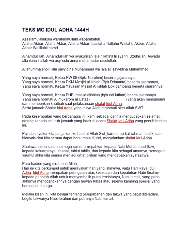 Teks MC Sholat Idul Adha 1444H | PDF | Agama & Spiritualitas | Perjalanan