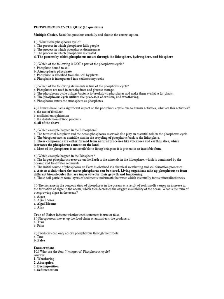 Phosphorous Cycle Quiz PDF Phosphorus Soil